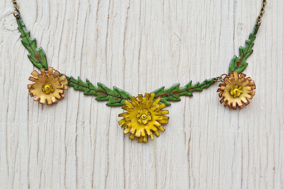 Dandelion Enamel Necklace, Wildflower Necklace, Enamel Necklace, Meadow ...