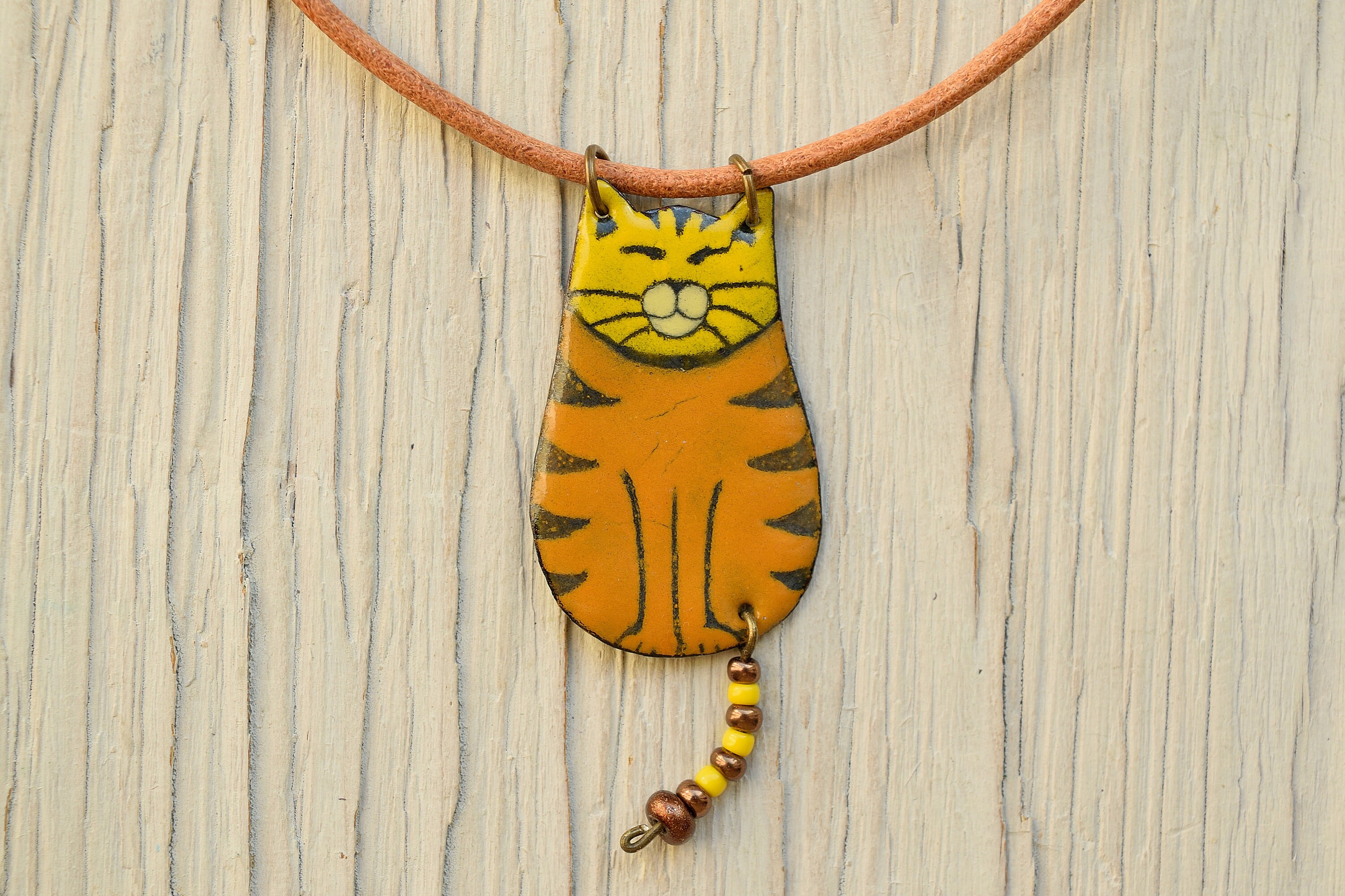 Enamel Pendant Enamel Necklace Yellow Cat Enamel Jewelry - Etsy