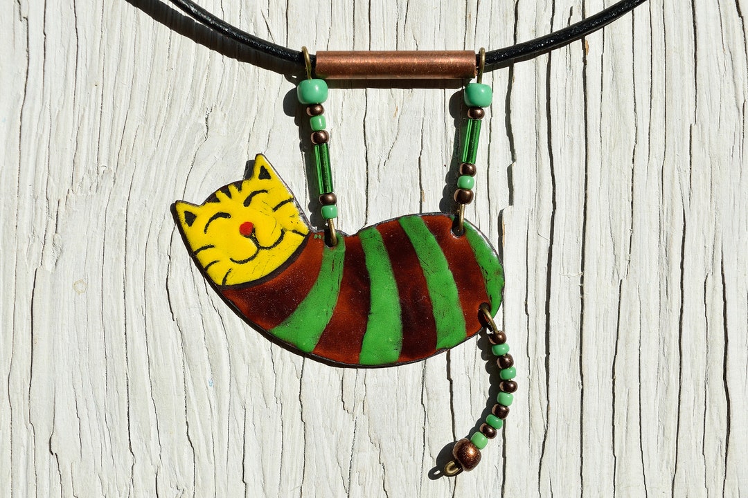 Enamel Necklace, Enamel Pendant, Enamel Jewelry, Cat Necklace, Cat ...