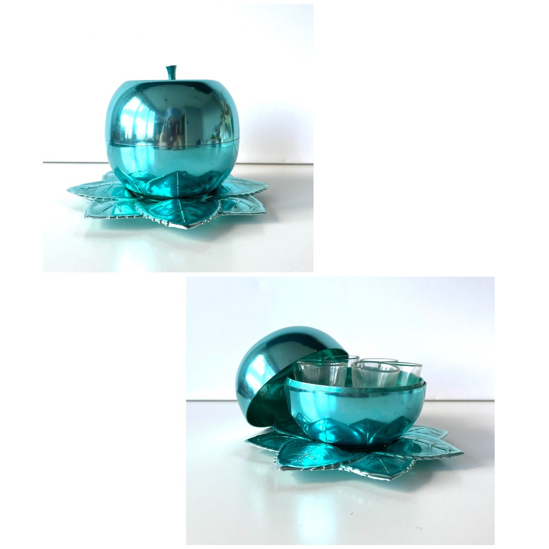 Vintage Turquoise Apple Case With 6 Shot Drink Glass Cups, Midcentury ...