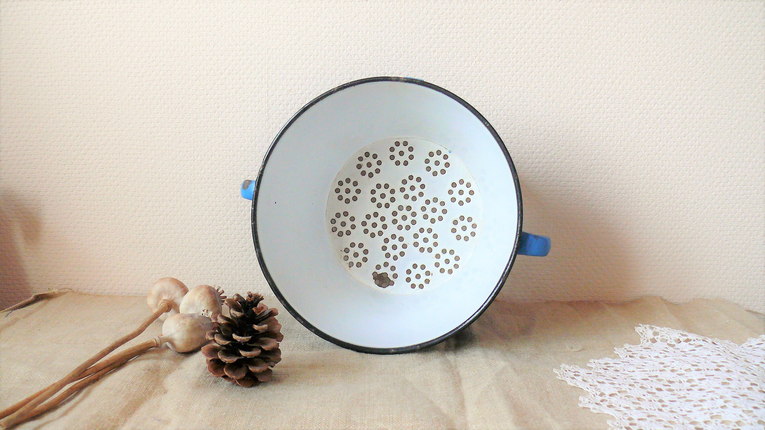 Vintage Old White Enamel Sieve Blue Enamel Colander from | Etsy