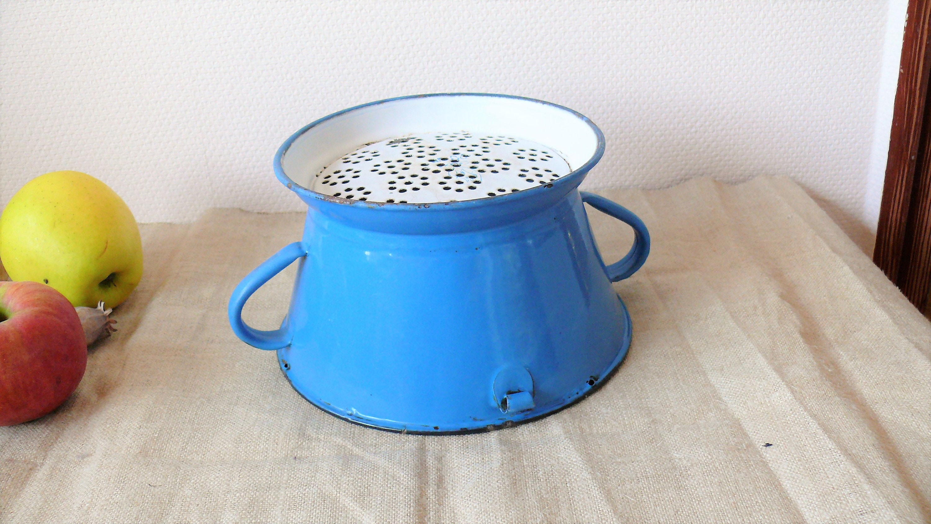Vintage Old White Enamel Sieve Blue Enamel Colander from | Etsy