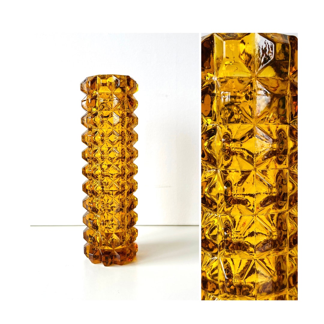 Vintage Yellow Checkered Glass Vase, Narrow Glass Vase, Checkered ...