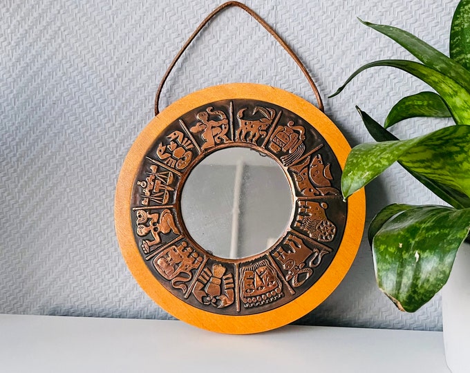 Vintage Copper Zodiac Round Wall Mirror, Astrological Signs Mirror ...