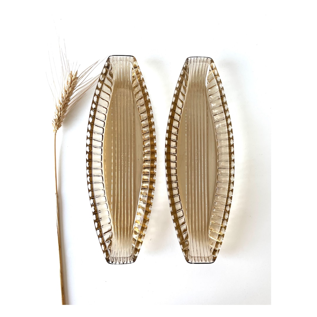 Vintage Brown Oblong Glass Plate Pair, Ribbed Amber Glass Bowl, Art ...