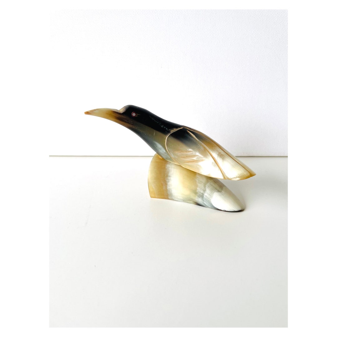 Vintage Hand Carved Cow Horn Bird Statue, Mid Century Carved Bird ...