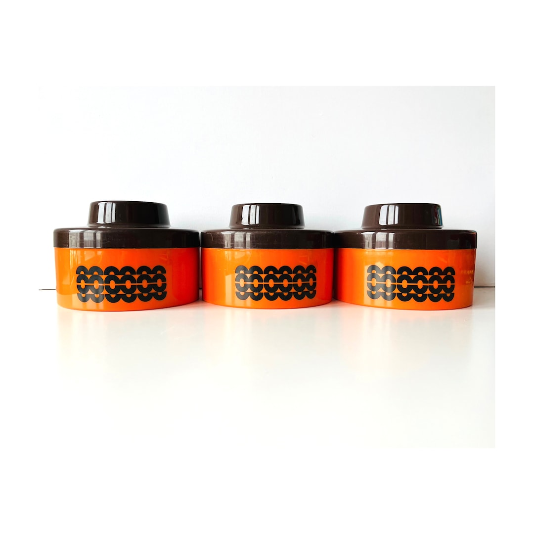 Set 3 Vintage Orange Plastic Container, Mid Century Geometric Design ...