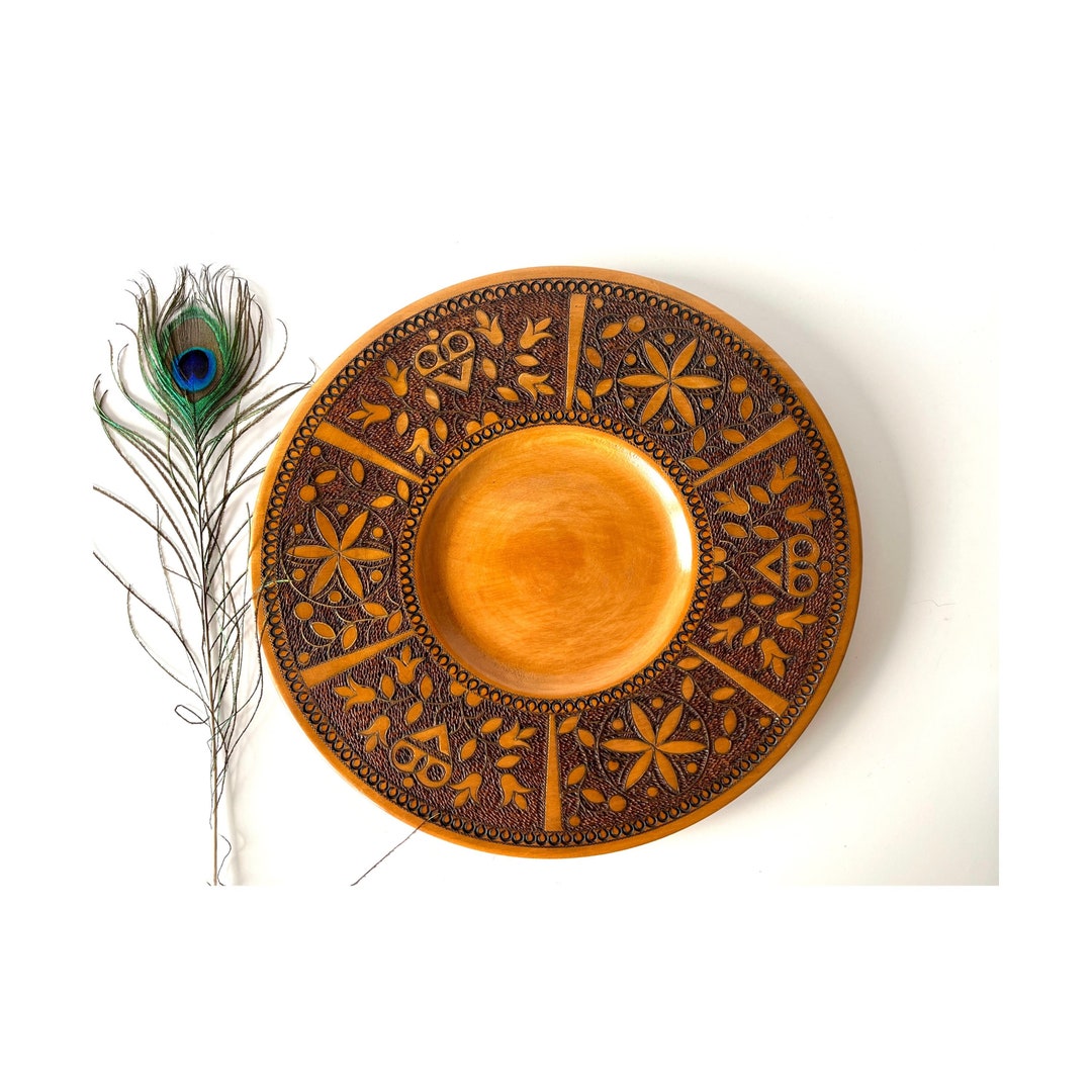 Handcarved Brown Copper Wooden Plate Woodburning Pyrography Polish ...