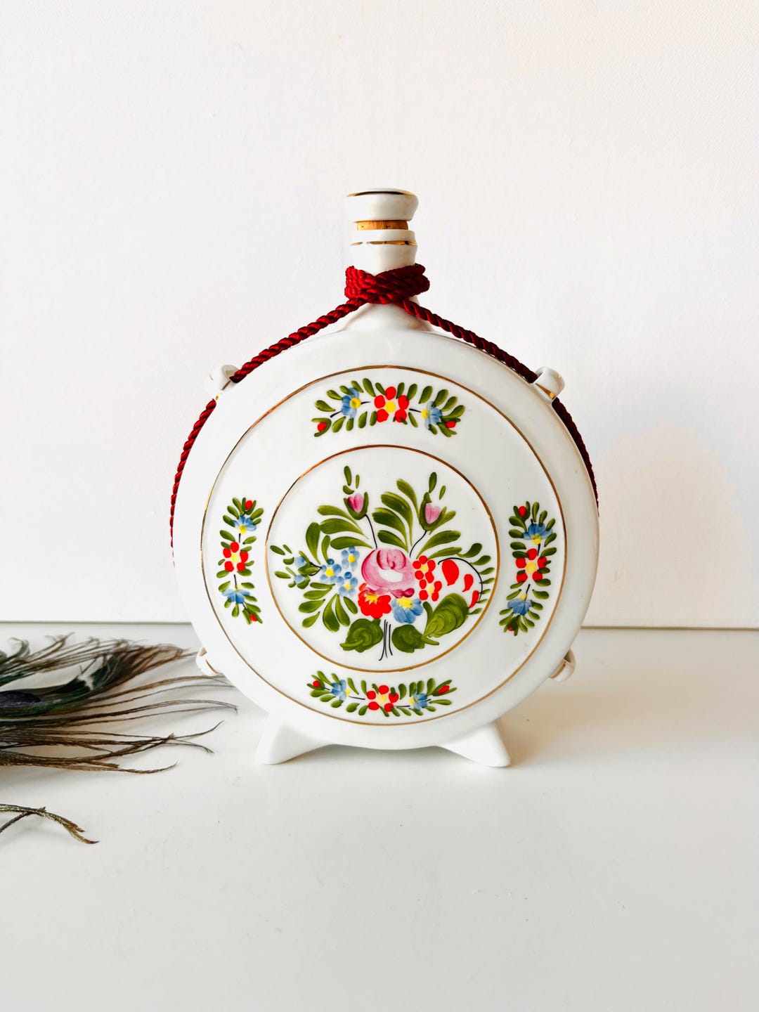 Vintage Hollohaza Porcelain Bottle Flask, Traditional Folk Flowers ...