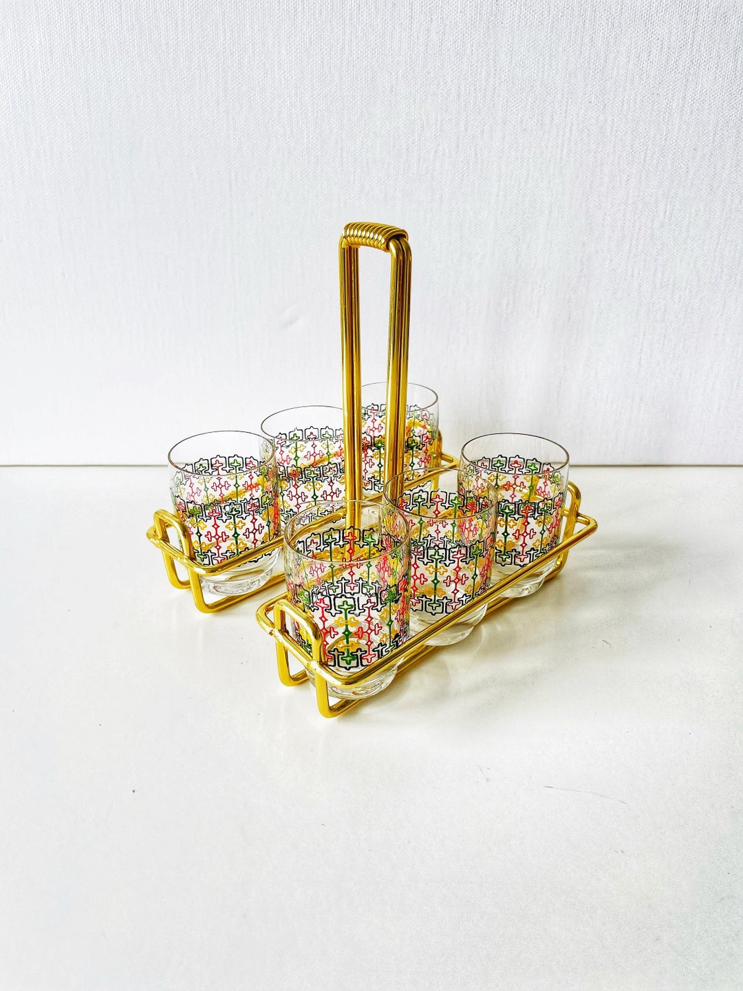 Vintage Mid Century Color Glass Set in Gold Metal Holder, Set of 6 ...