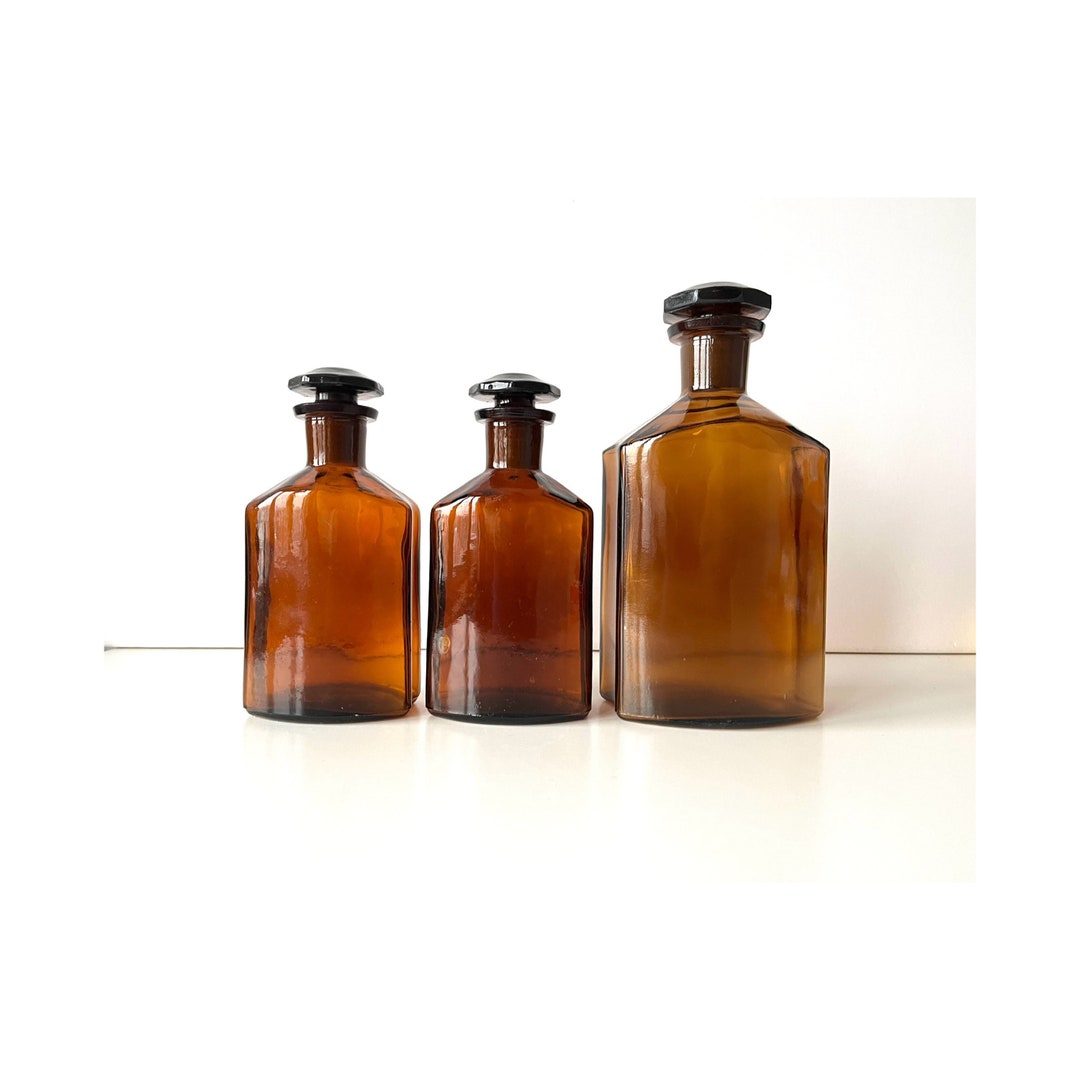 Set of 3 Vintage Glass Apothecary Bottles Jars, Pharmacy Bottles With ...