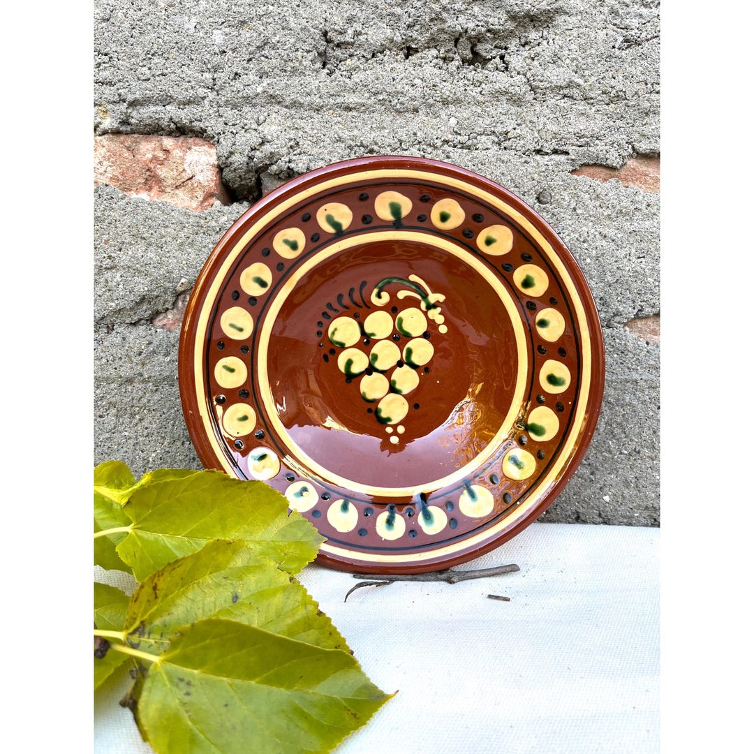 Vintage Hungarian Art Ceramic Peasant Flower Designed Folk Plate, Brown ...