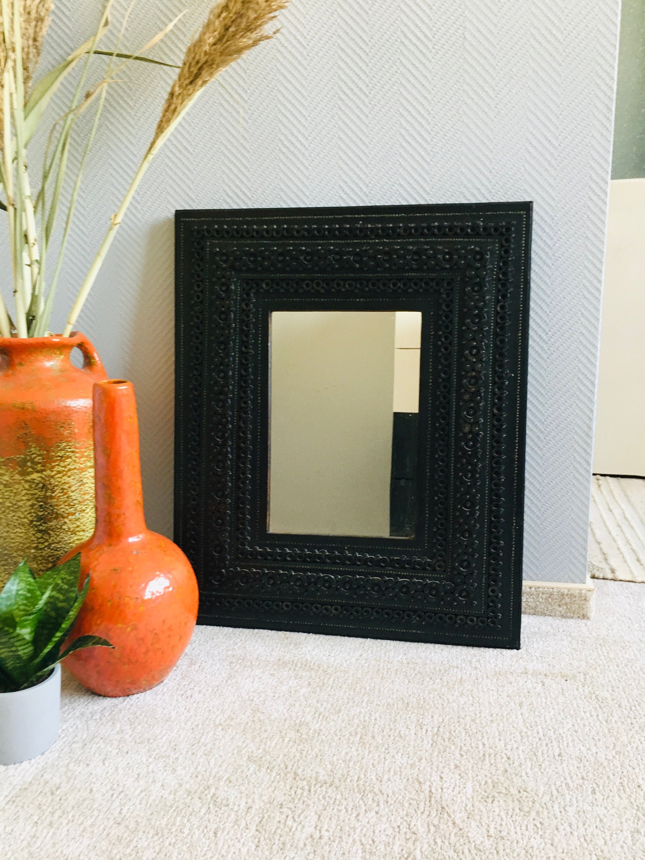 Vintage Wall Mirror in Hand Tooled Leather Frame, Handmade Tooled ...