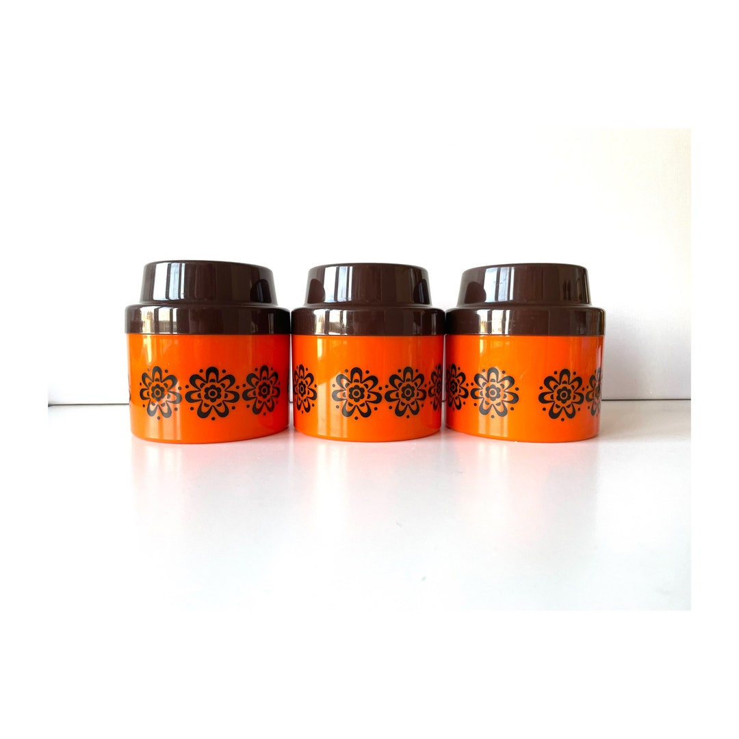 Set 3 Vintage Orange Plastic Container, Mid Century Geometric Design ...