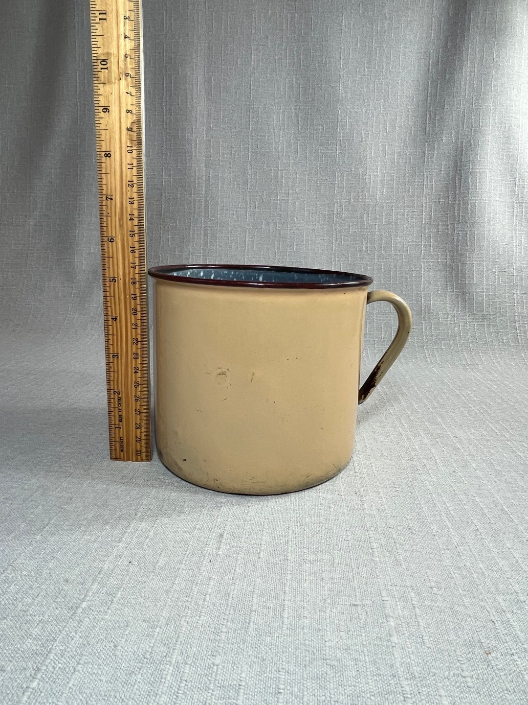 Large Vintage Enamelware Mug, Bowl With Handle, Csepel, Tan, Blue ...