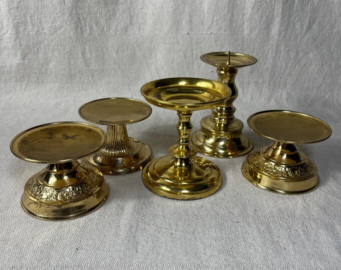 5 Vintage Brass Pillar Candle Holders, Mismatched Set, Candlestick ...