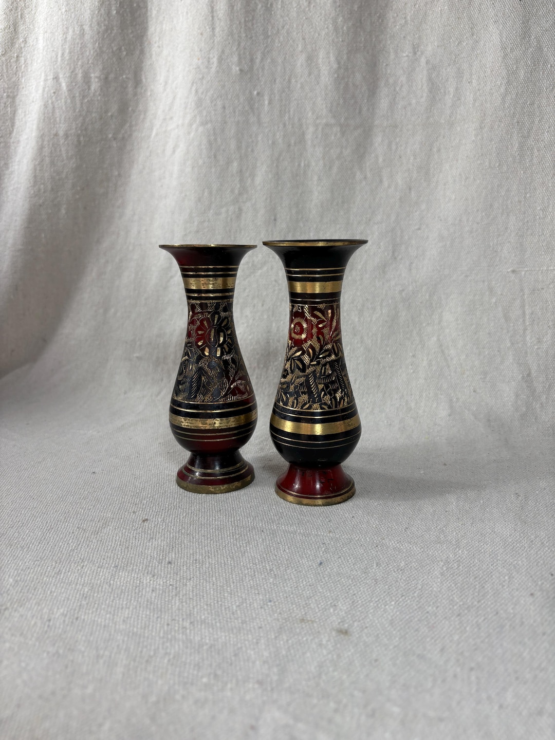 Pair of Etched Brass Vases, 5.5 Inch Vase, Bud Vase, Centerpiece, Red ...