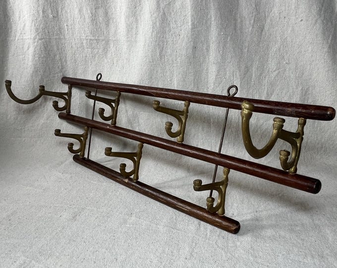 Antique Brass and Wood Folding Coat Rack, Hat, Towel, Wall Mount, Hook ...
