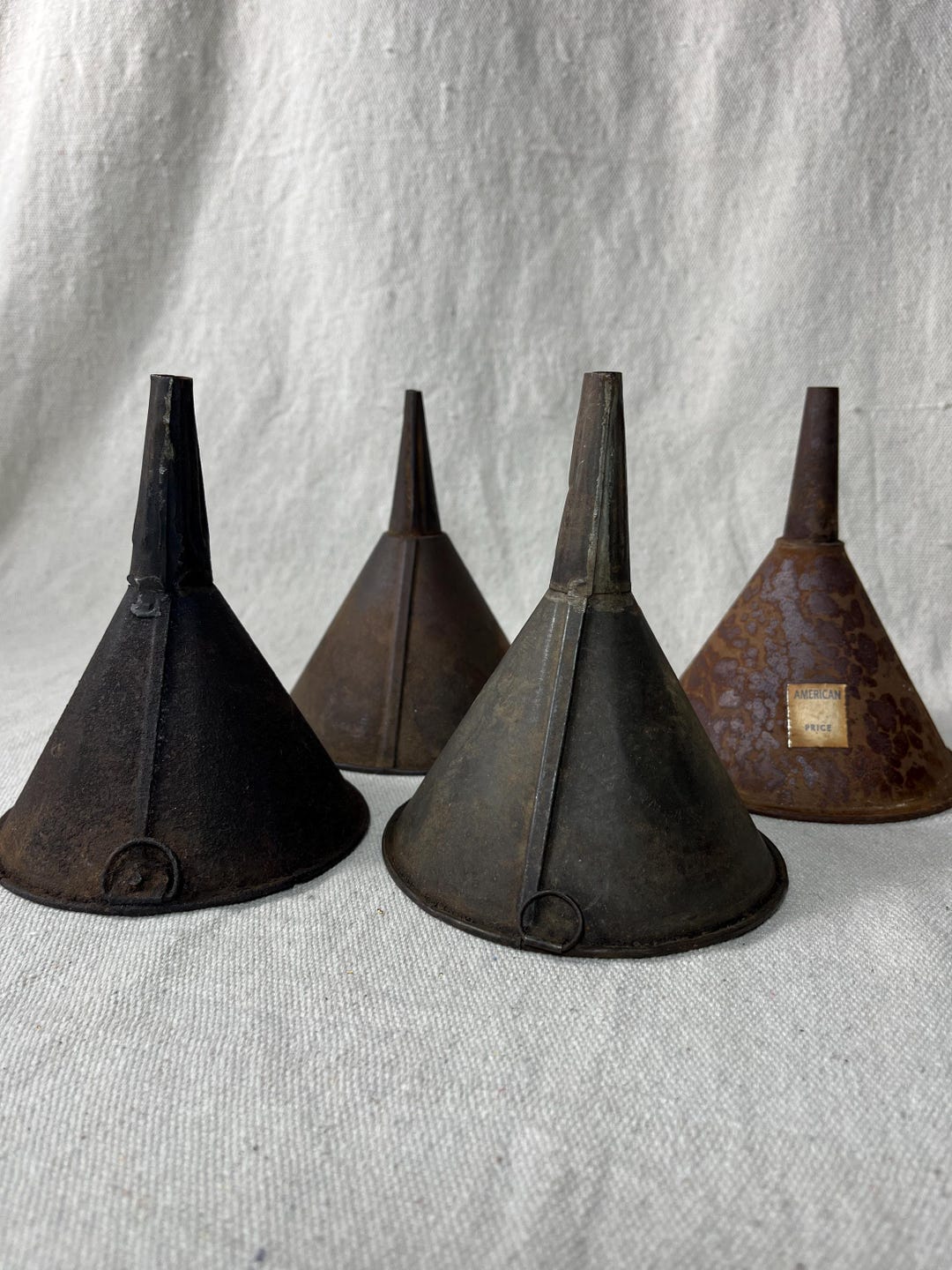 4 Vintage Tin Oil Funnels, Farm, Tool, Craft, Metal, Industrial Decor ...