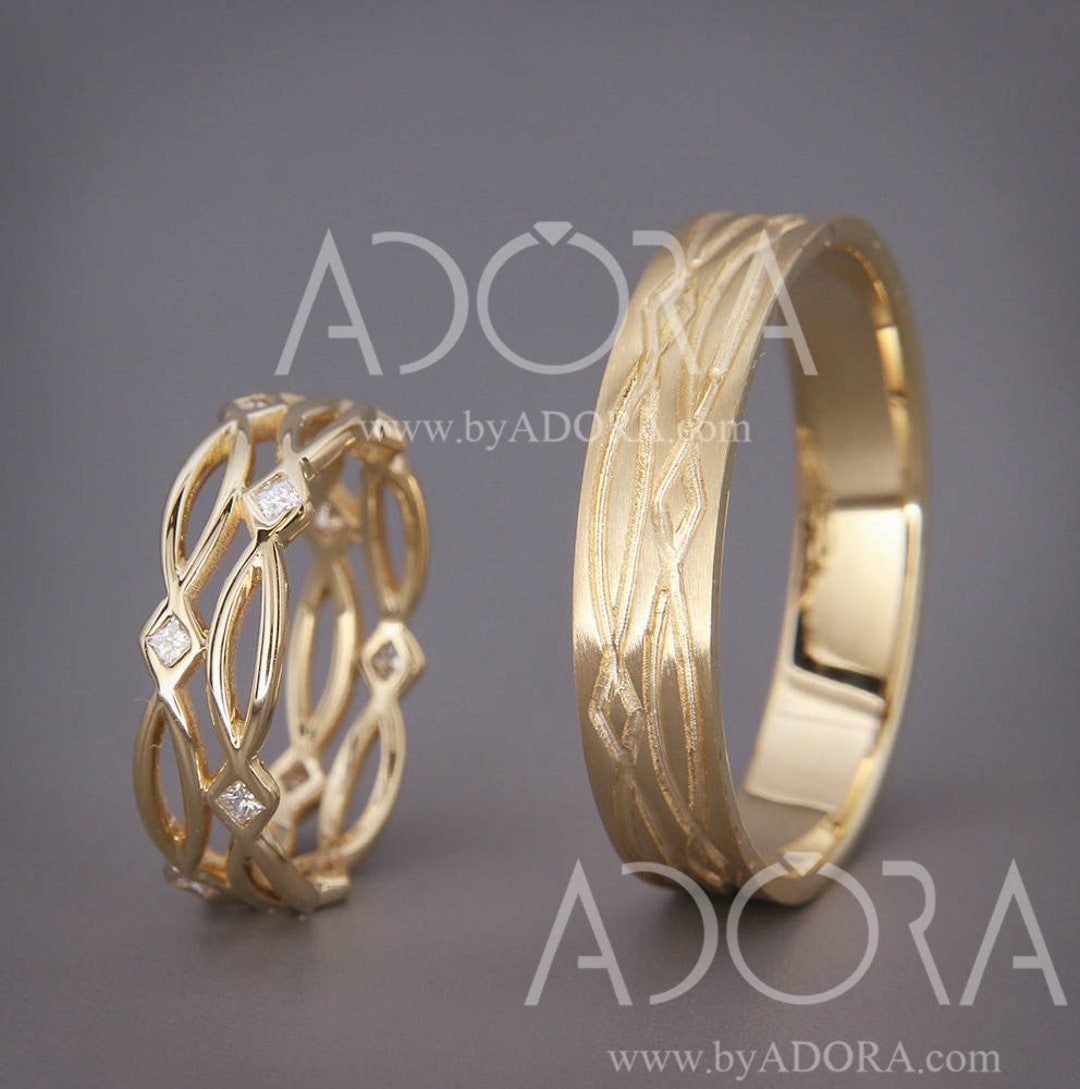 14K Gold Eternity Wedding Rings Set With Prnicess Cut Diamonds ...