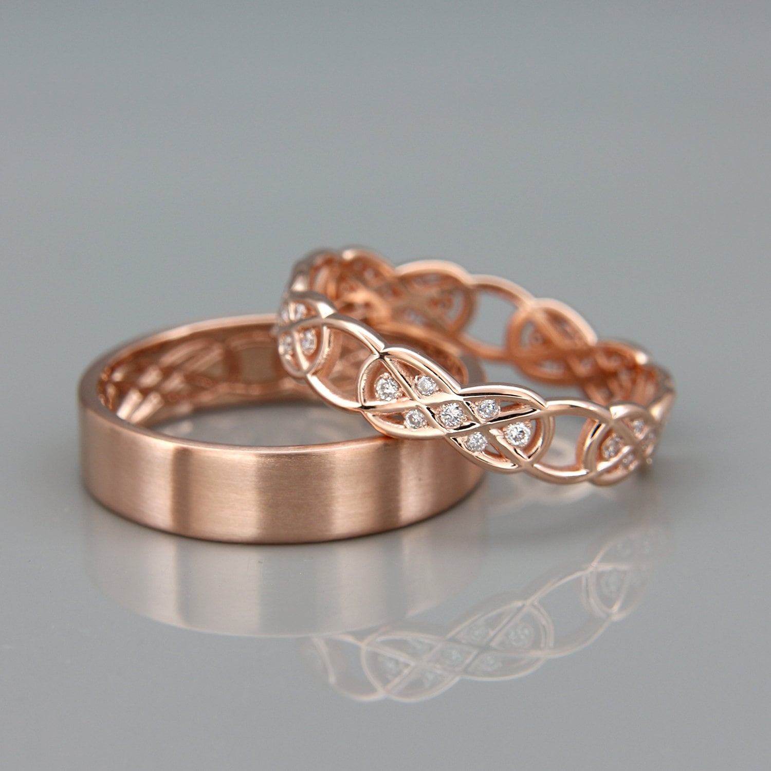 14K Rose Gold Celtic Wedding Rings set with Diamonds Handmade | Etsy