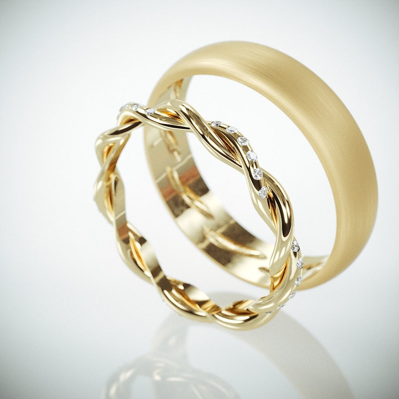 14K White Gold Braided Wedding Rings set with Blue Sapphire | Etsy