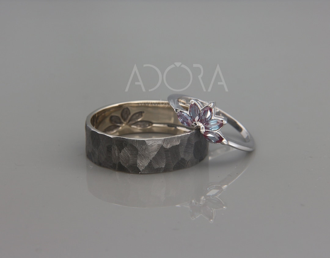 Handmade Marquise Lab Alexandrite Wedding Bands Set | 14K White Gold ...