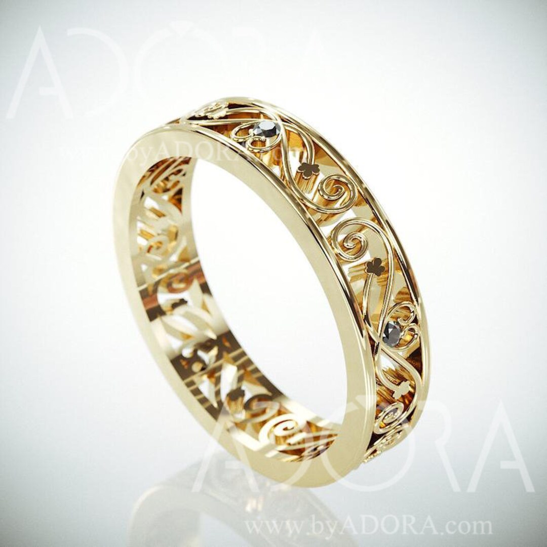 Handmade 14k Gold Filigree Women Wedding Ring Set With Black Diamonds ...