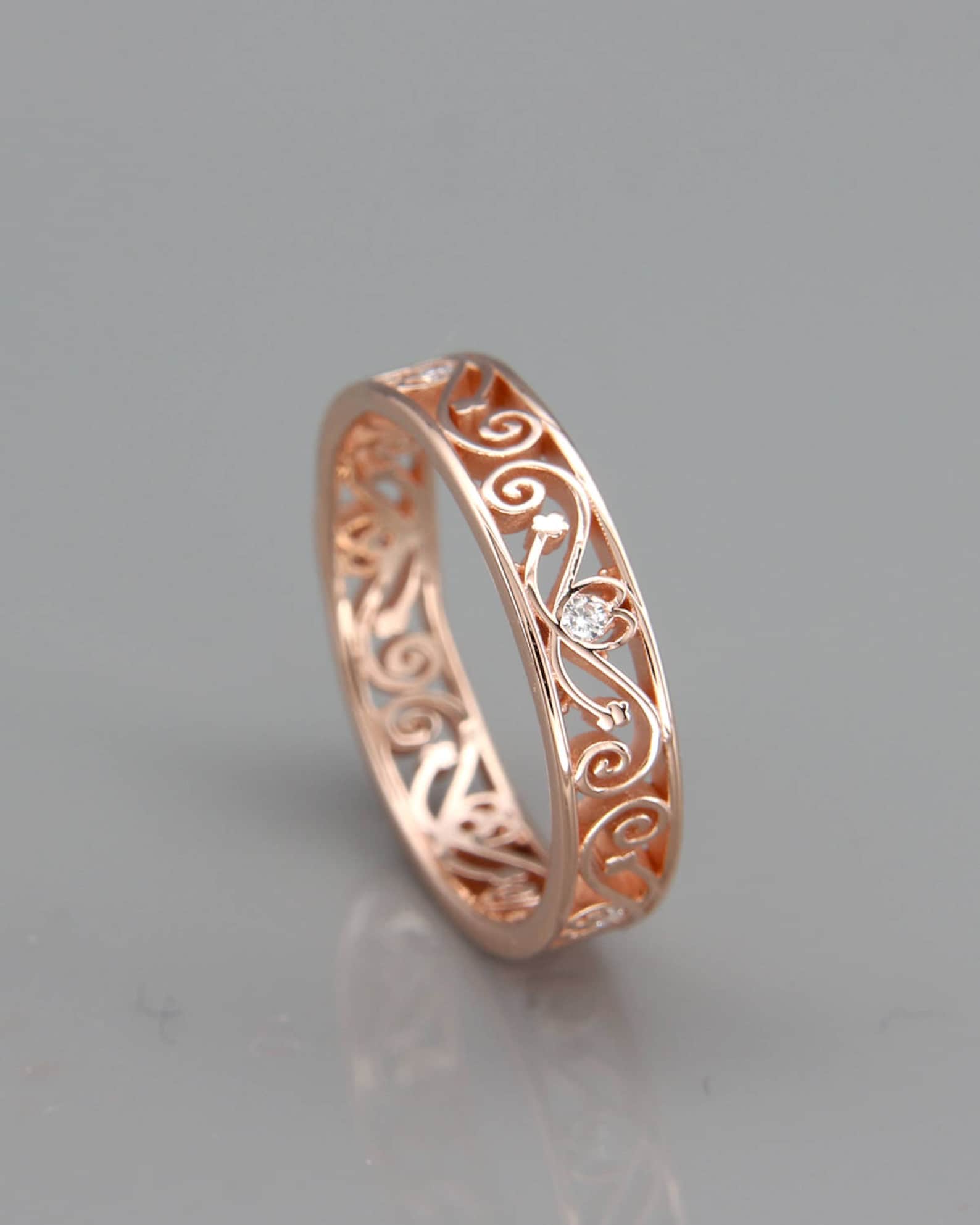 14k Rose Gold Filigree Women Wedding Ring Set With Black - Etsy