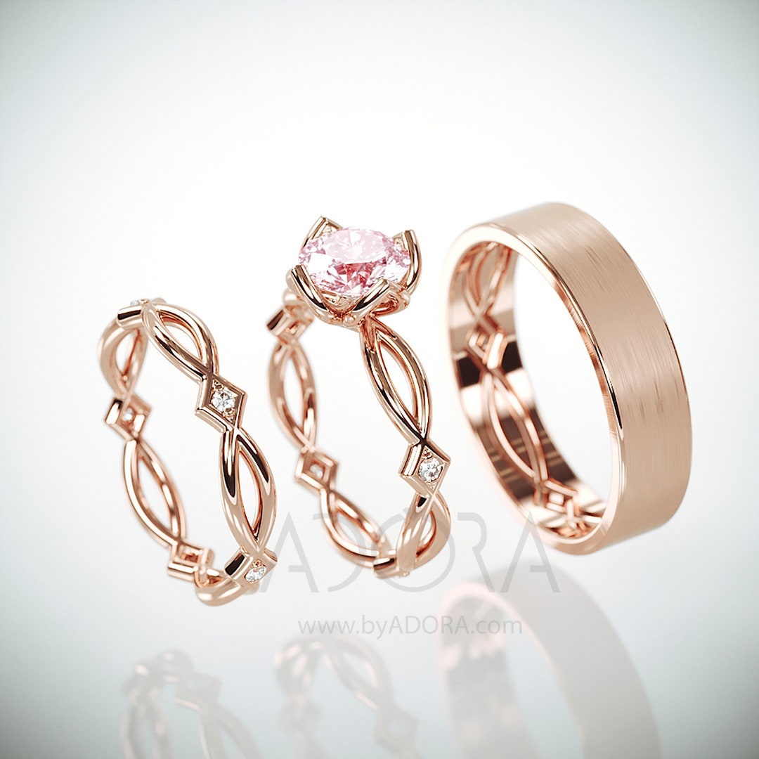 Lab Created Pink Diamond Wedding Ring | 14k Rose Gold His and Hers ...