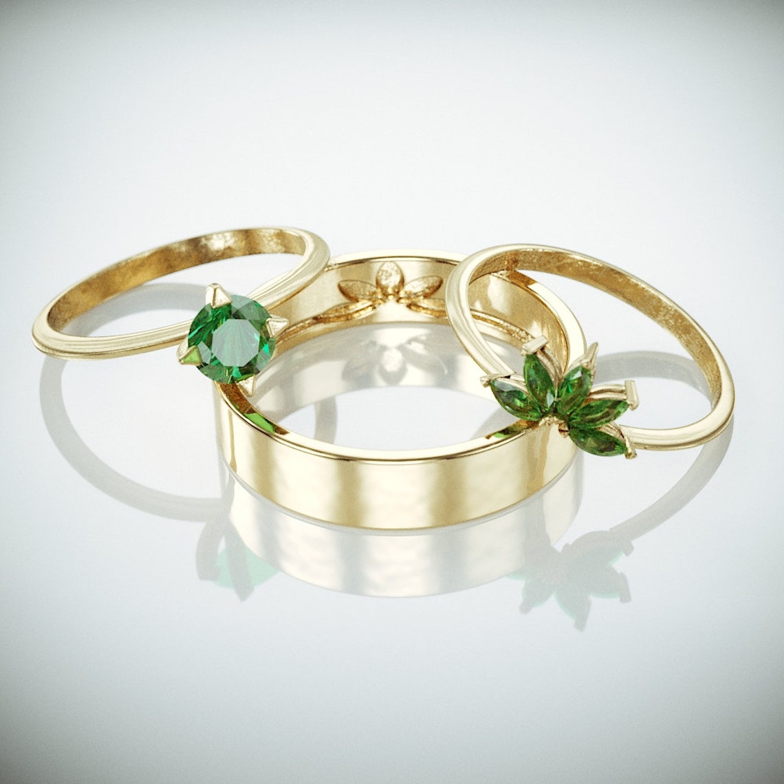 Handmade Emerald Wedding Ring Set | 14K Gold His and Hers Wedding Band ...