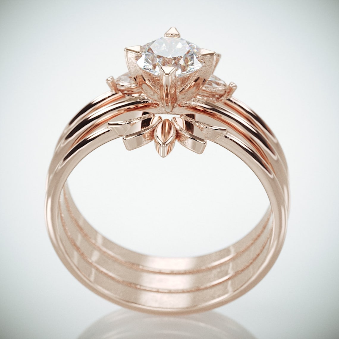 Rose Gold Bridal Set 3 Rings 14K Rose Gold Wedding ring set | Etsy