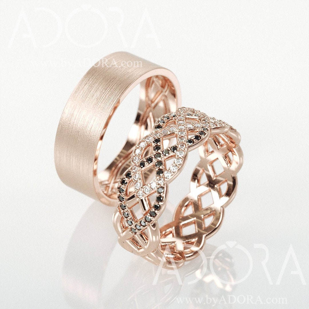 Handmade 14K Rose Gold Celtic Rings Set With Black and White Diamonds ...