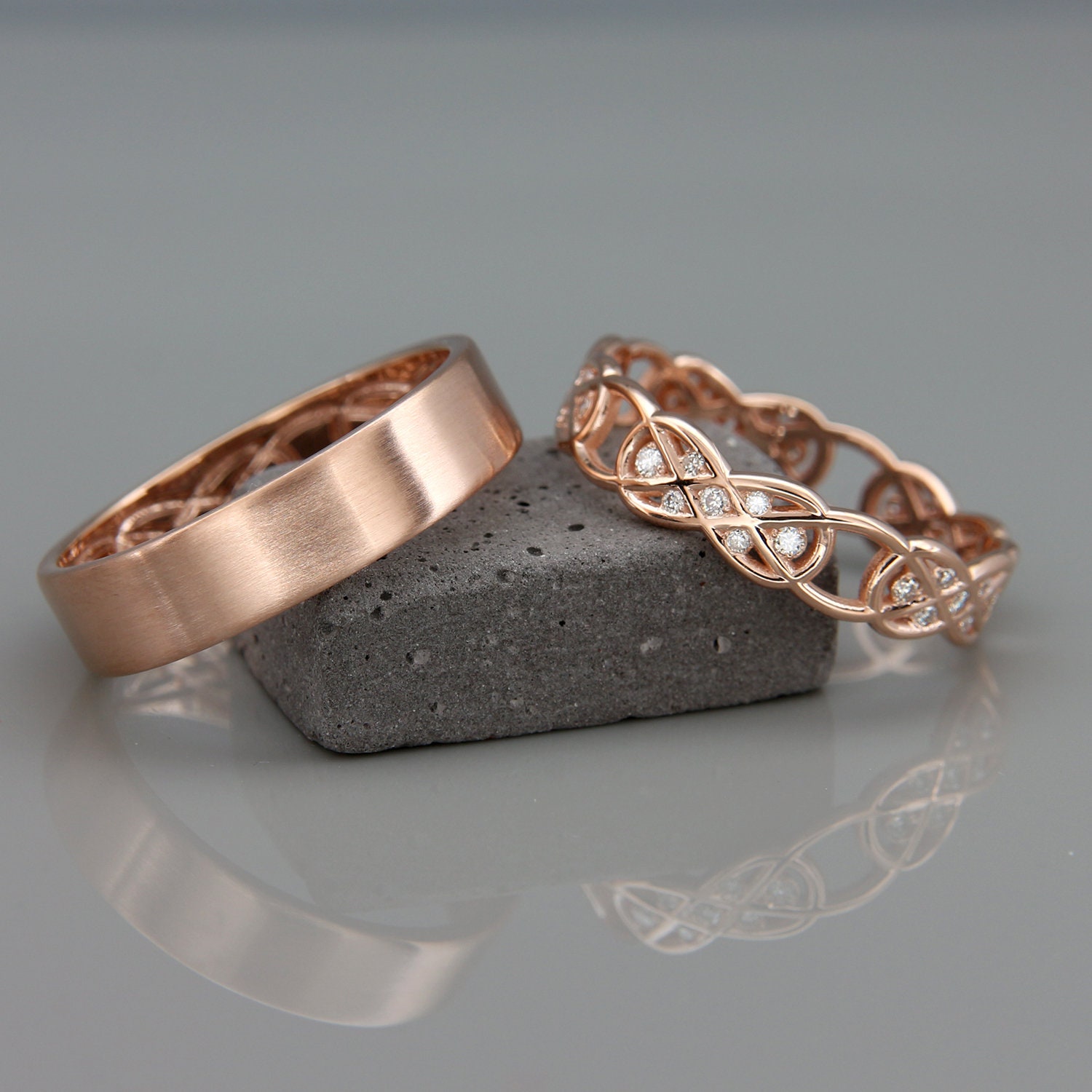 14K Rose Gold Celtic Wedding Rings set with Diamonds Handmade | Etsy