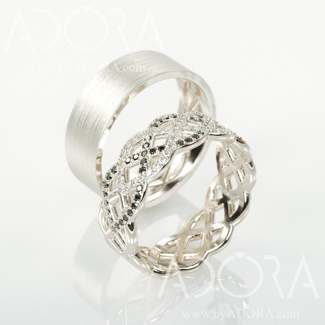 14K White Gold Celtic Wedding Rings Set With Black and White Diamonds ...