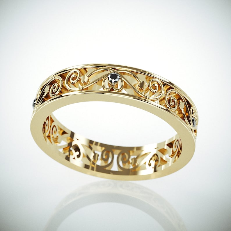 14k Gold Filigree Women Wedding Ring set with Black Diamonds | Etsy