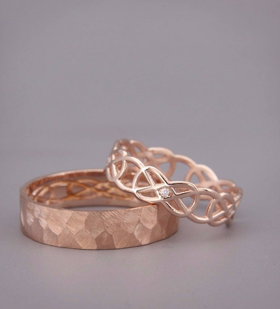 14K Rose Gold Celtic Wedding Rings Set With Diamonds handmade - Etsy Israel