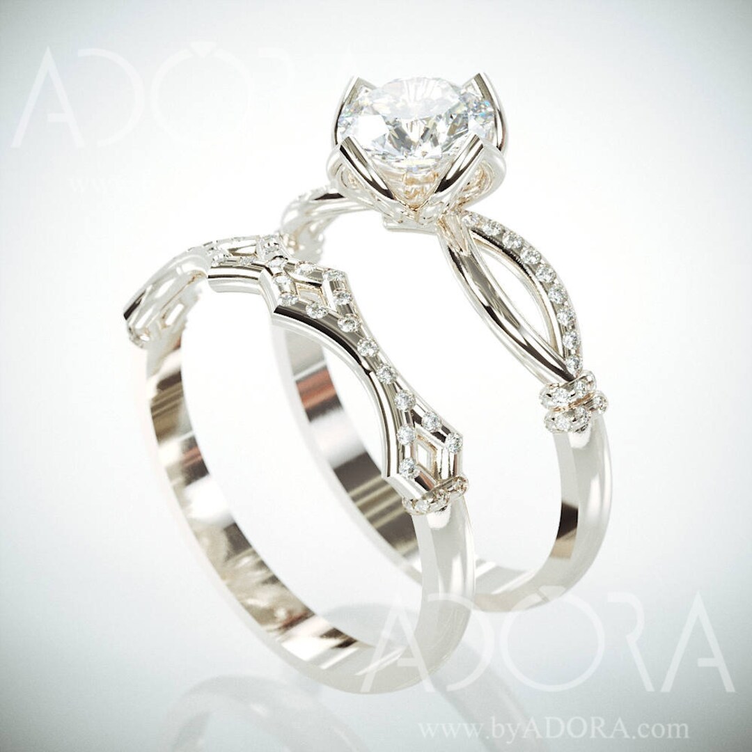 Handmade 14K White Gold Moissanite and Diamonds Bridal Rings Set in ...