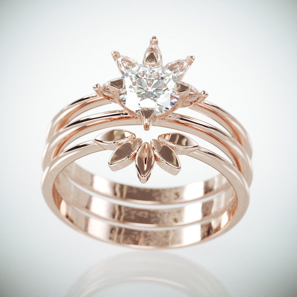 Rose Gold Bridal Set 3 Rings 14K Rose Gold Wedding ring set | Etsy