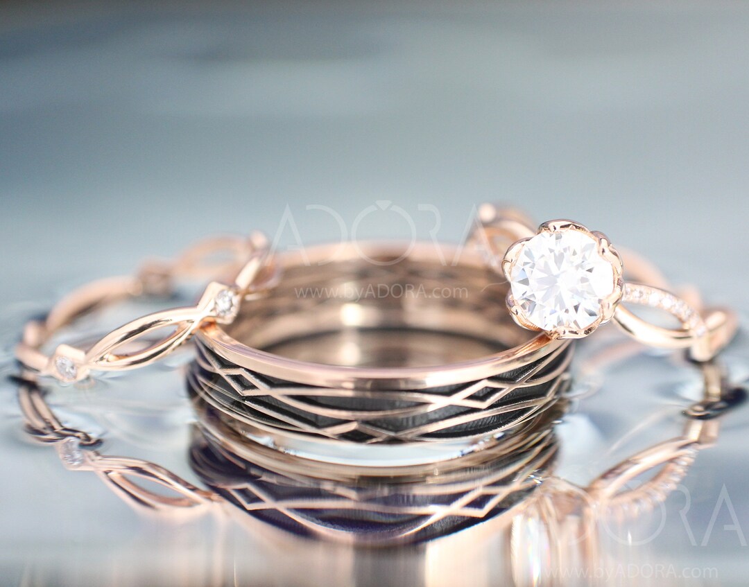 Black Rose Gold Celtic Wedding Ring Set | 14k Rose Gold His and Hers ...