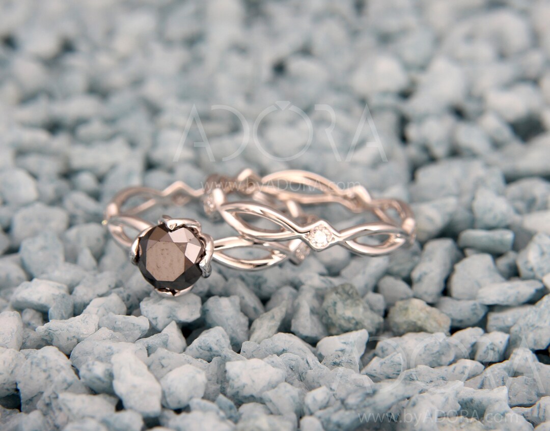 14k White Gold Black Diamond Bridal Ring Set | 14k White Gold Wedding ...