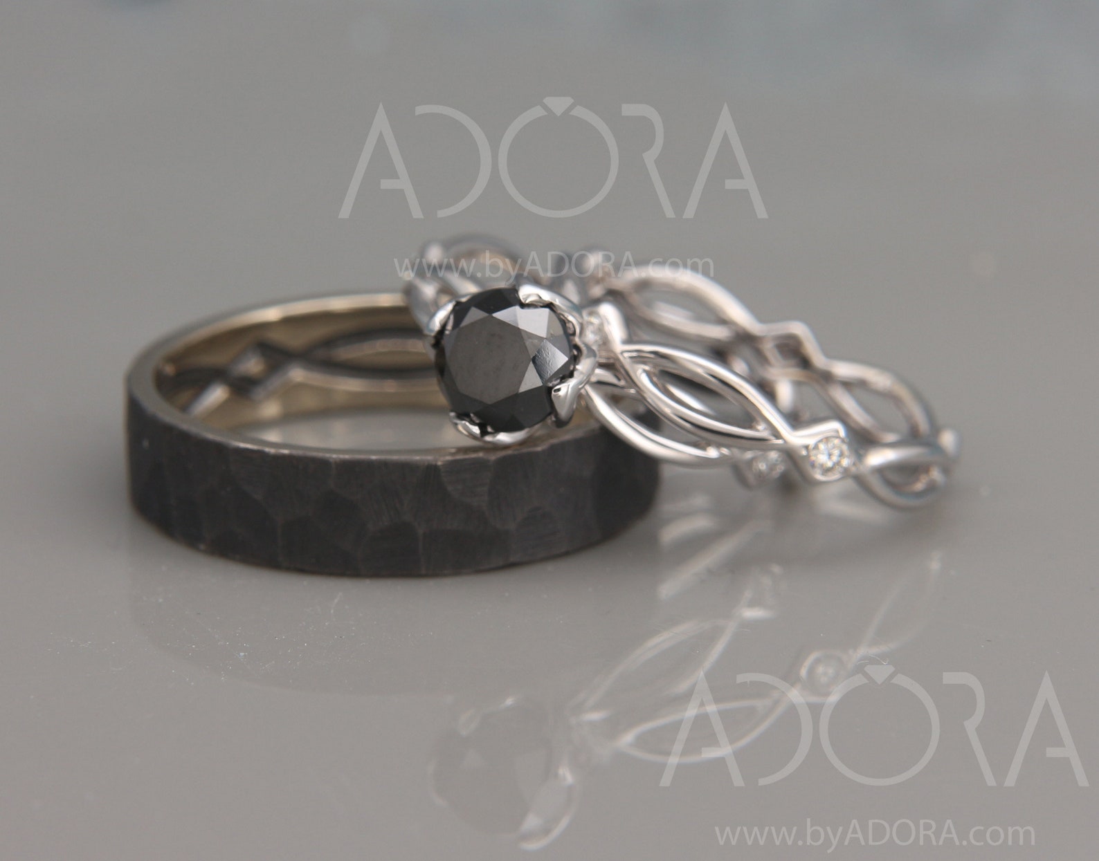 14k White Gold Black Diamond Bridal Ring Set 14k White Gold - Etsy Israel