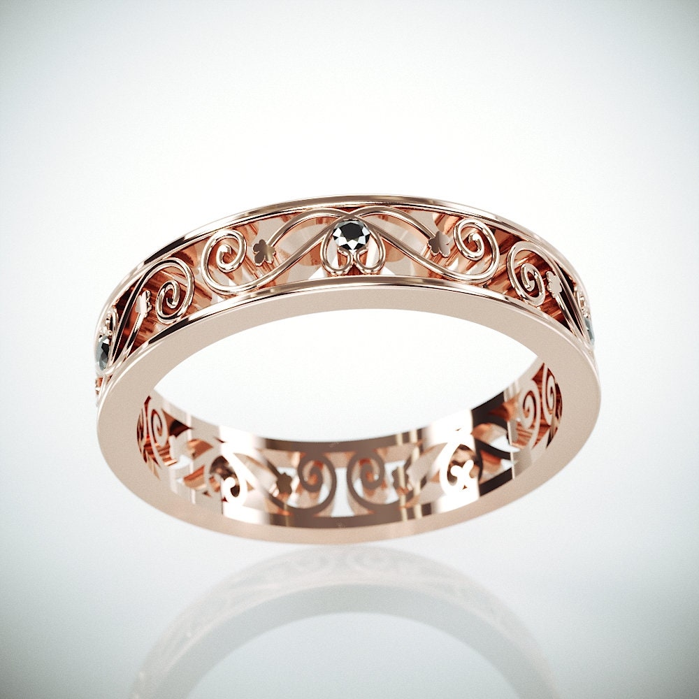 14k Rose Gold Filigree Women Wedding Ring set with Black | Etsy