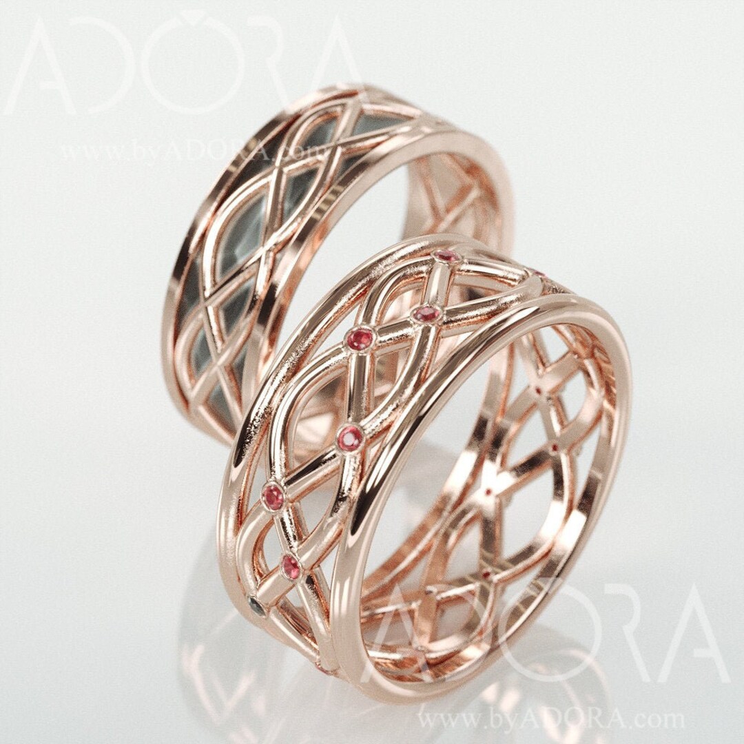 14k Rose Gold Ruby Wedding Ring Set 14k Rose Gold Wedding Band Set With ...