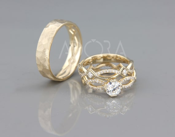 Handmade 14K Gold Eternity Wedding Rings Set Charles Colvard Moissanite and Diamonds and a Matching Men s Ring moissanite Ring Etsy