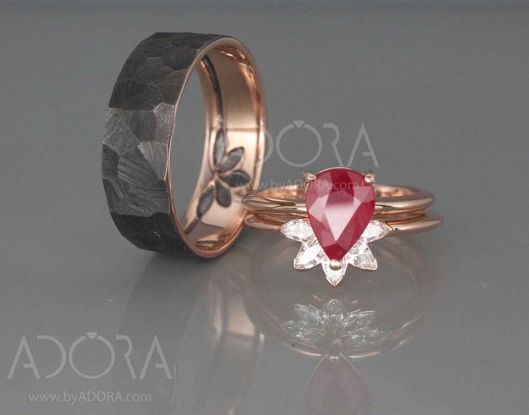 Celtic Pear Ruby and Marquise Fiamond Wedding Rings Set | 14k Rose Gold ...