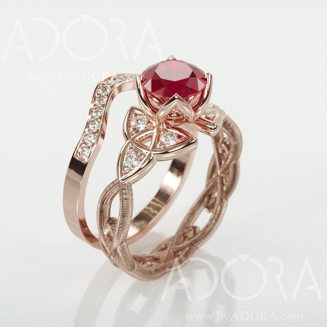 Handmade Trinity Knot Ruby Bridal Rings Set | 14k Rose Gold Engagement ...