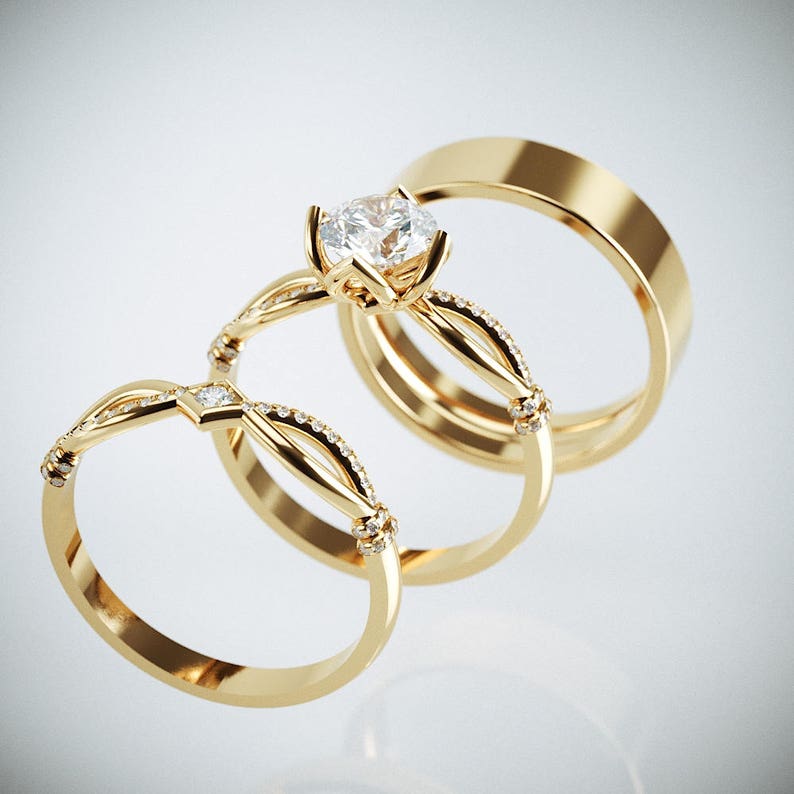 14K Gold Wedding Rings Set in Royalty style Charles & | Etsy