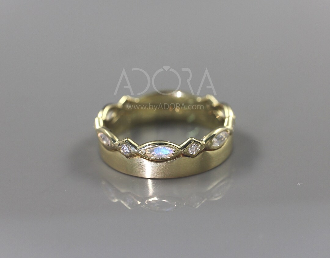 Anillo nupcial de boda con diamantes y piedra lunar marquesa hecho a ...