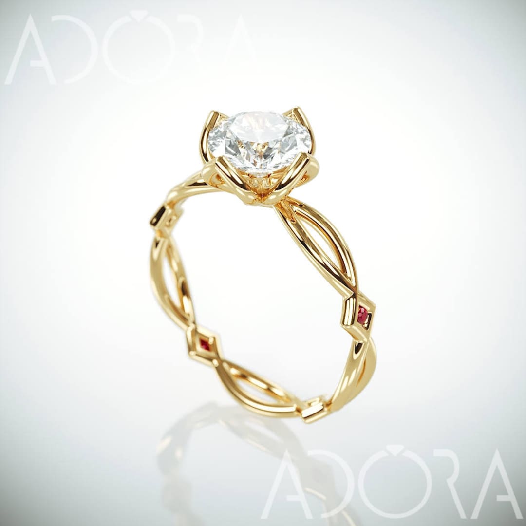 Lab Created Diamond Engagement Ring Set With Natural Rubies | 14k Gold ...